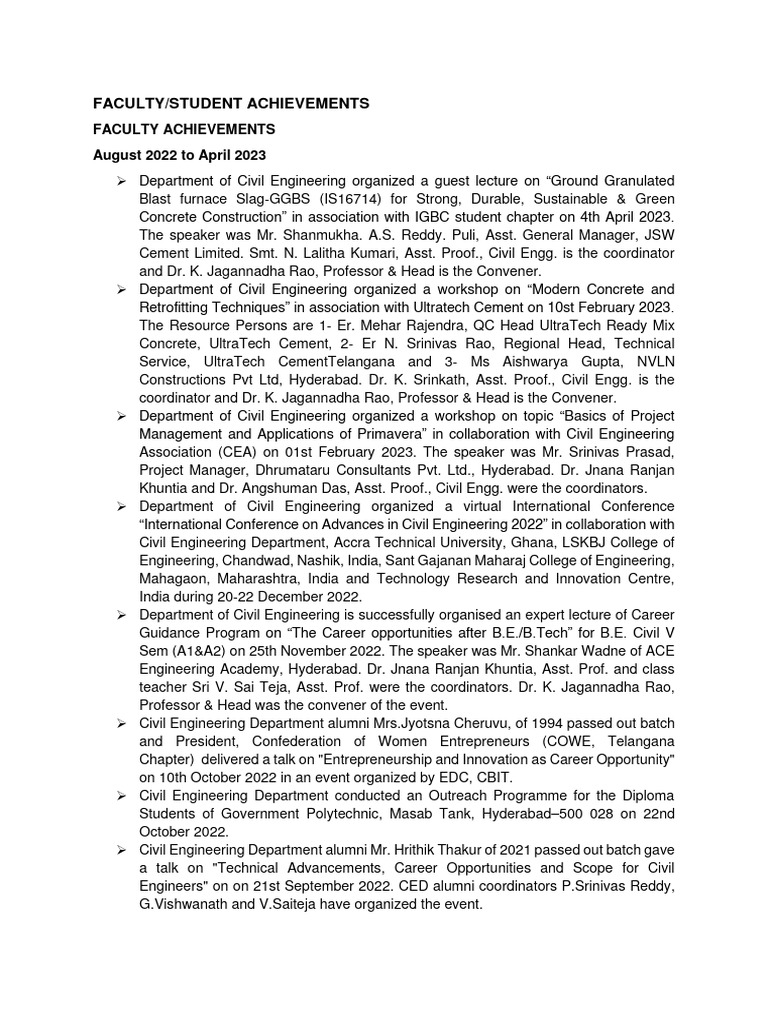 Civil Engineering Achievements 2022-2023 | PDF | Engineering