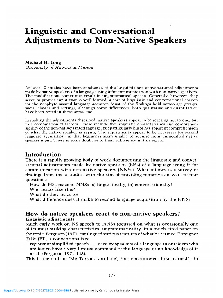 Long Linguistic and conversational adjustments to nonnative-speakers | PDF | Second Language ...