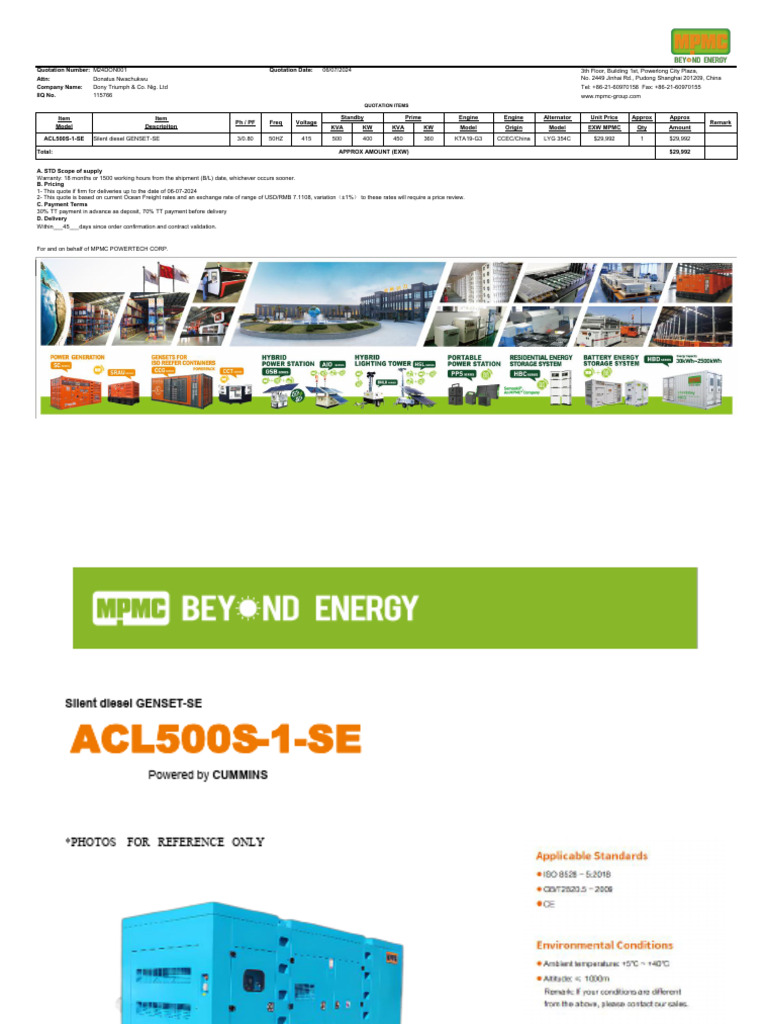 Quotation of 500KVA Genset | PDF | Engines | Engine Technology