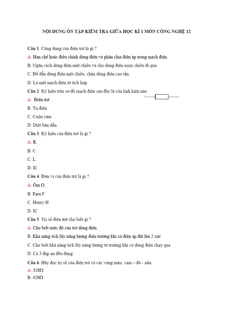 Ôn tập kiểm tra giửa hk1 Điện 12 nh 23 24 | PDF
