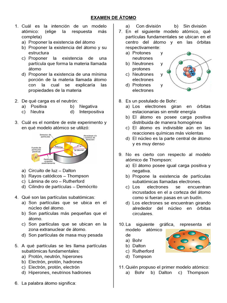 Examen de Átomo | PDF | Neutrón | Núcleo atómico