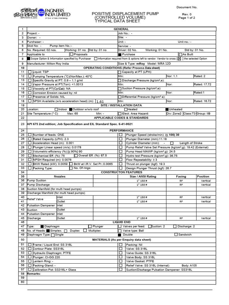EIL Data Sheet Template | PDF | Pump | Mechanical Engineering