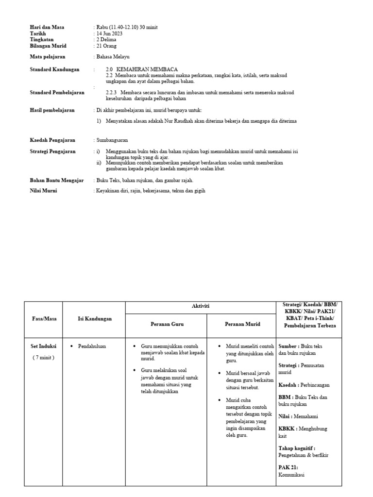 RPH BM Tingkatan 2 | PDF