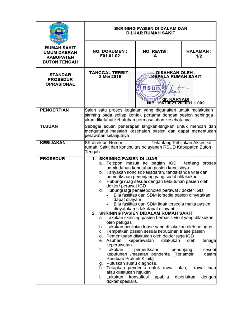 EP 1. SPO Skrining Pasien Didalam Dan Diluar Rumah Sakit | PDF