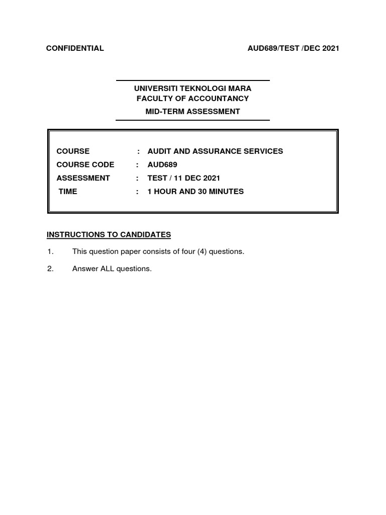 Aud689 QQ Test Dec2021 | Download Free PDF | Audit | Business Economics