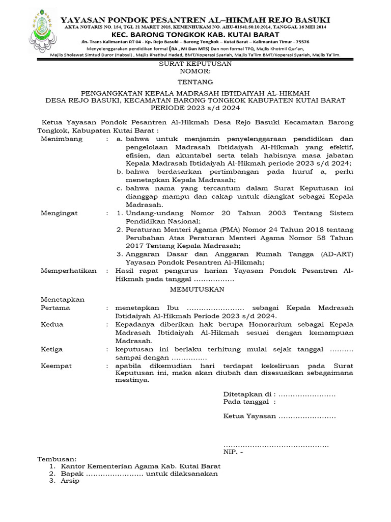 Contoh SK Pengangkatan Kamad - Kamimadrasah | PDF