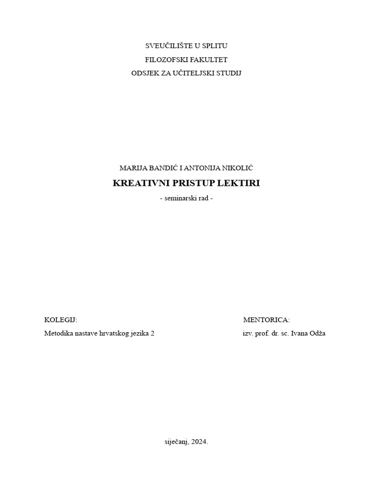 Kreativni Pristup Lektiri - Seminar - Bandić, Nikolić | PDF