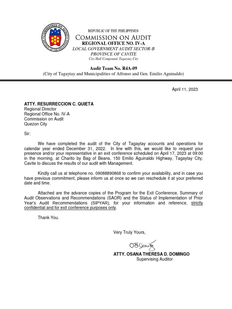 Invitation For Exit Conference-RD Quieta | PDF | Finance & Money Management