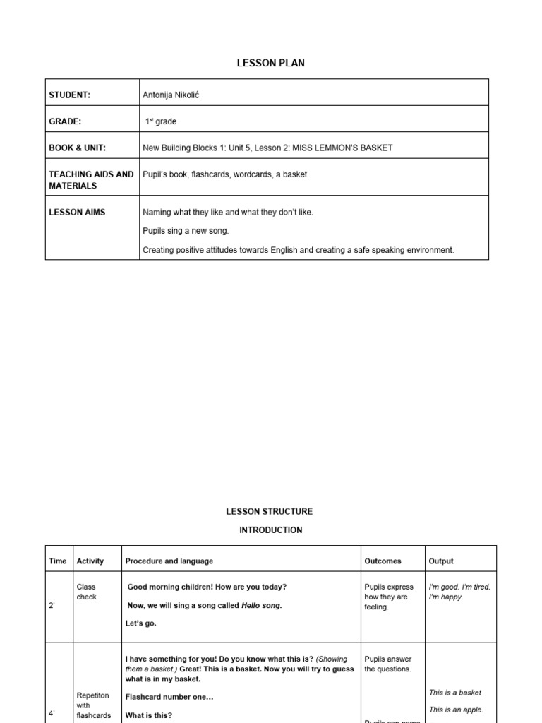 1st Grade English Lesson Plan: Likes/Dislikes | PDF | Language Arts ...