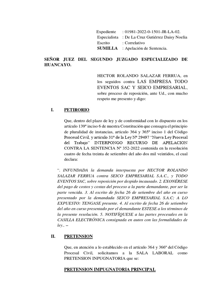 Apelación de Sentencia Laboral en Huancayo | PDF | Esfera pública ...