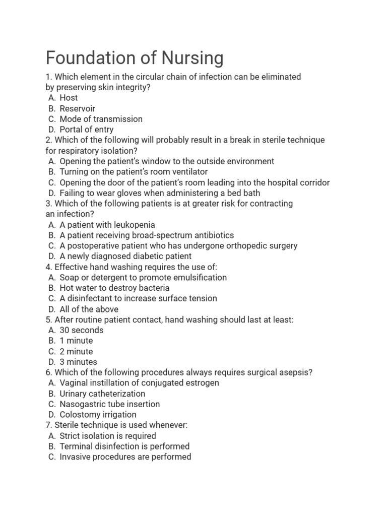 Pre-Test Foundations of Nursing | PDF | Injection (Medicine) | Surgery