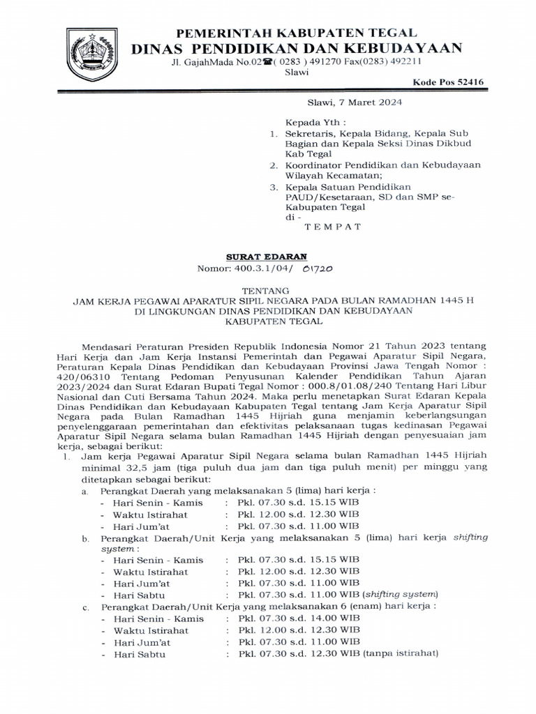 Surat Edaran Jam kerja Pegawai ASN di Bulan Ramadhan Th 1415H-2024 | PDF