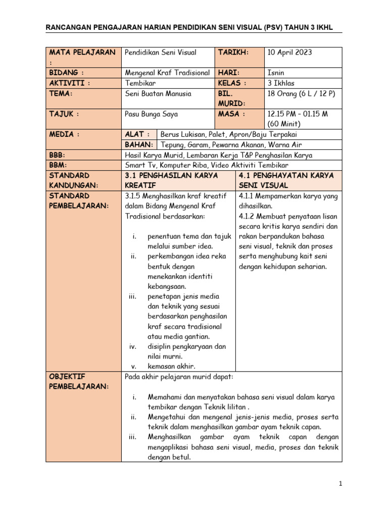 RPH PSV TAHUN 3 Ikhlas Minggu 11 | PDF
