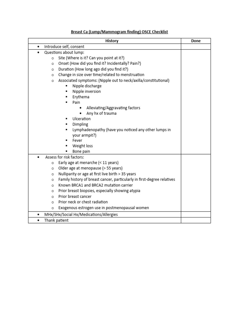 Breast OSCE Checklist | PDF | Breast Cancer | Nipple