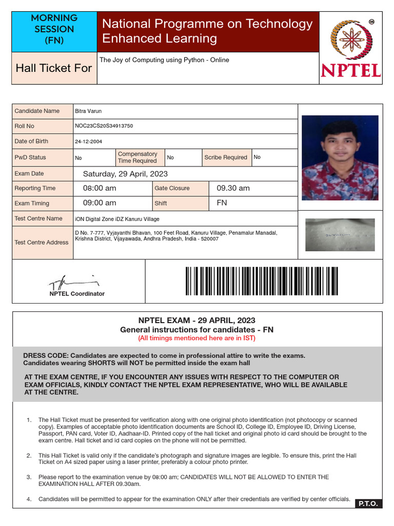 NPTEL Exam Hall Ticket Guide | PDF | Identity Document | Printer (Computing)