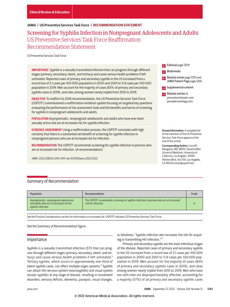 Syphilis Screening Recommendations | PDF | Sexually Transmitted ...