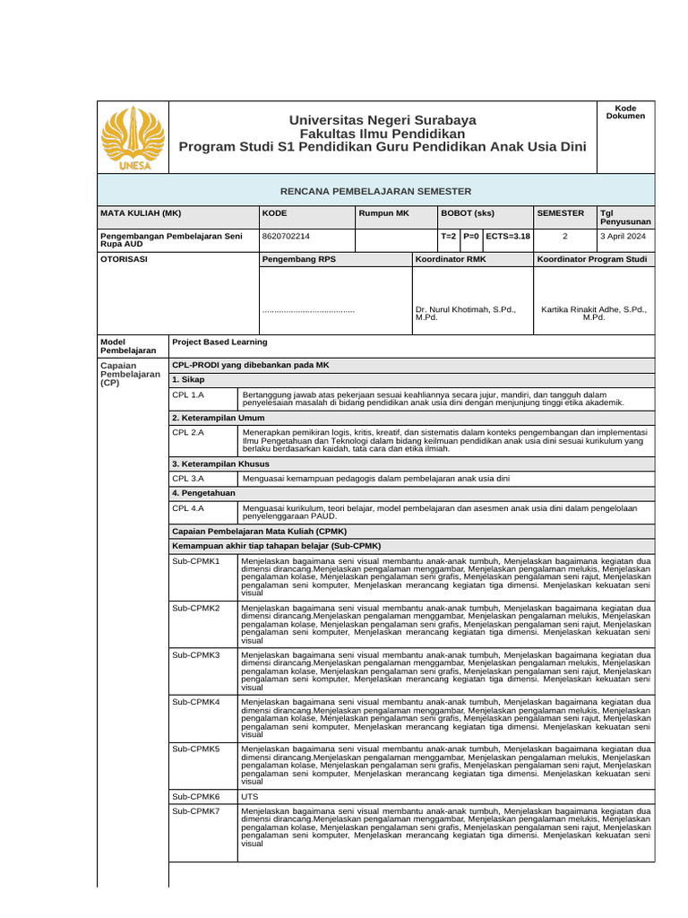 RPS Pengembangan Pembelajaran Seni Rupa AUD | PDF