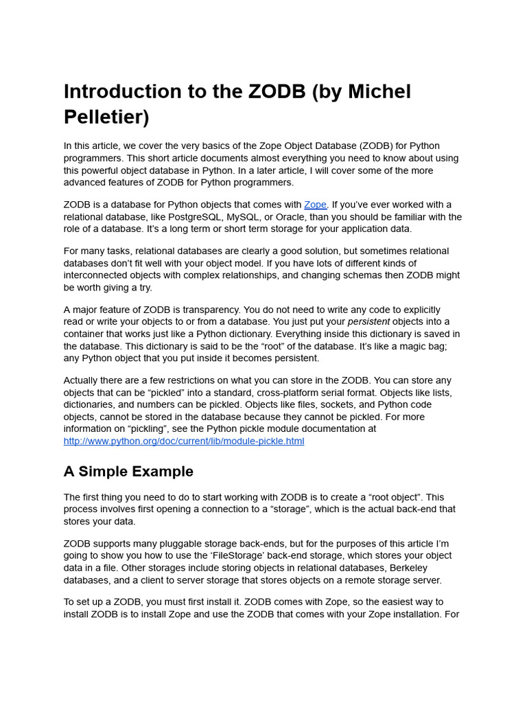 Introduction To The Zodb By Michel Pelletier Pdf Databases Database Transaction