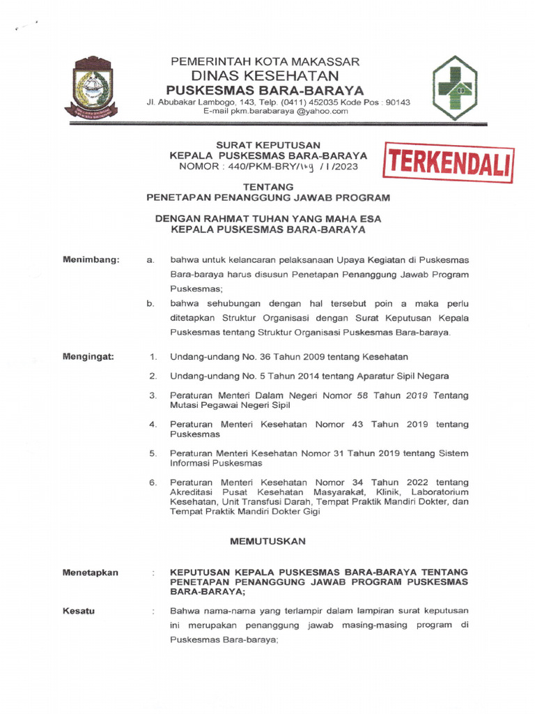 SK Penetapan Penanggungjawab Program Puskesmas | PDF