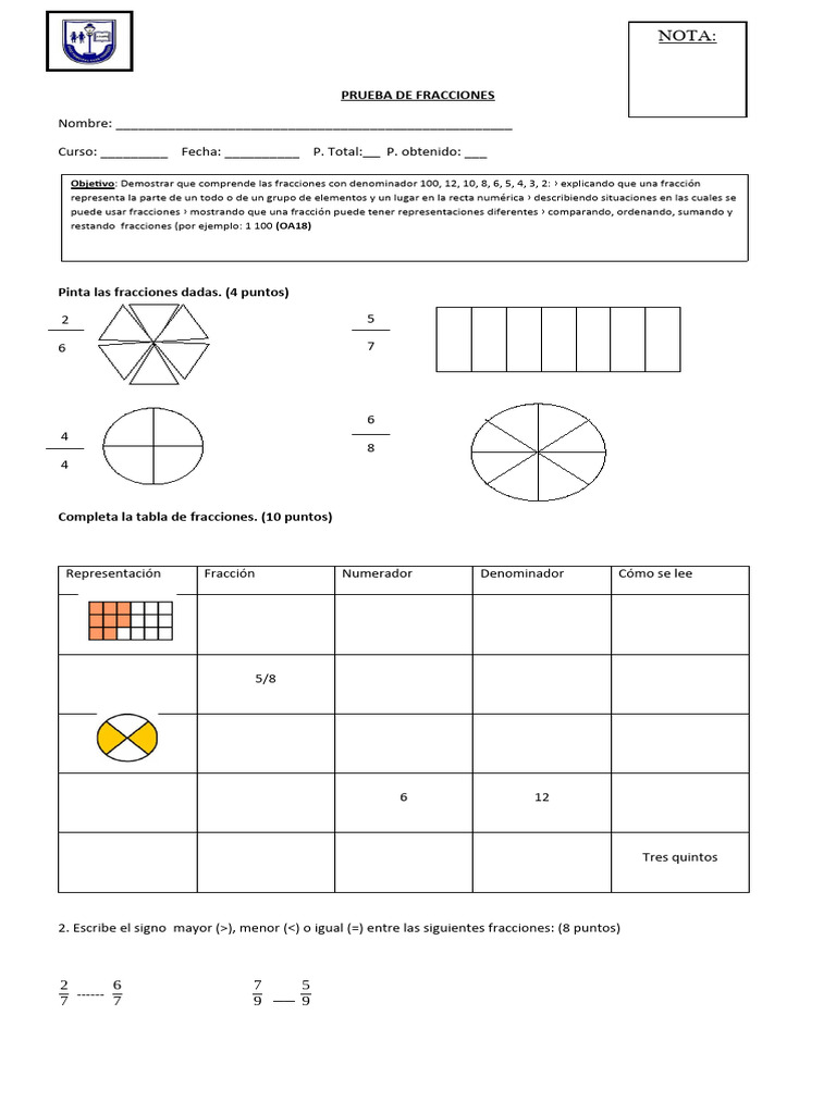 De Prueba Fracciones | PDF | Conceptos matemáticos | División (Matemáticas)