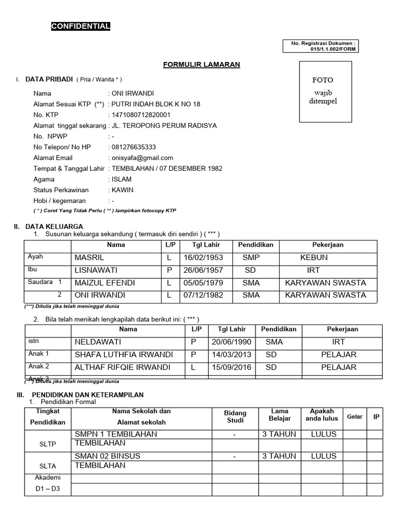 Form Formulir Lamaran | PDF
