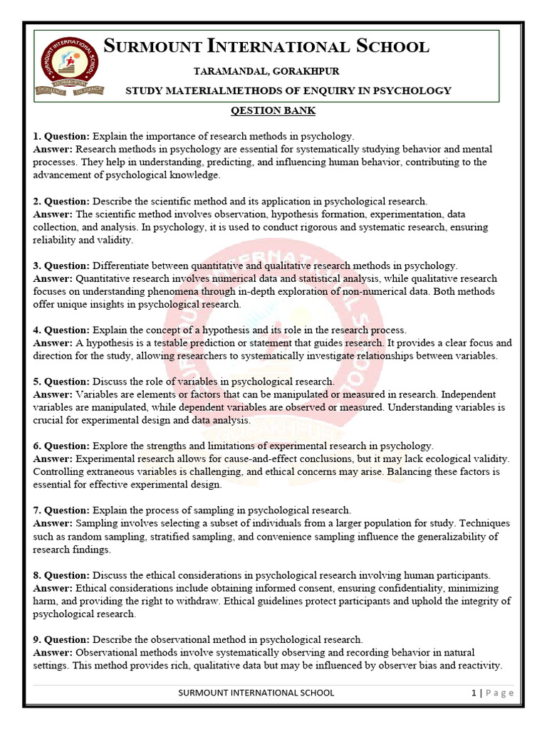 Class 11 Question Bank Methods in Enquiry | PDF | Psychology | Methodology