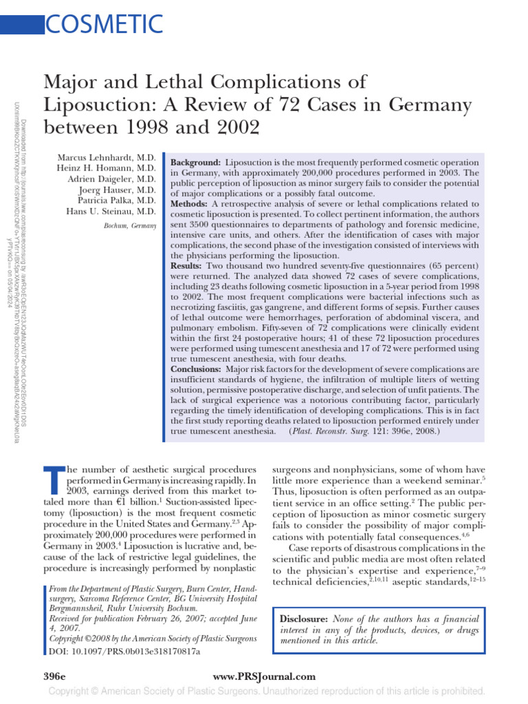 Major and Lethal Complications of Liposuction A.35 | PDF | Surgery ...