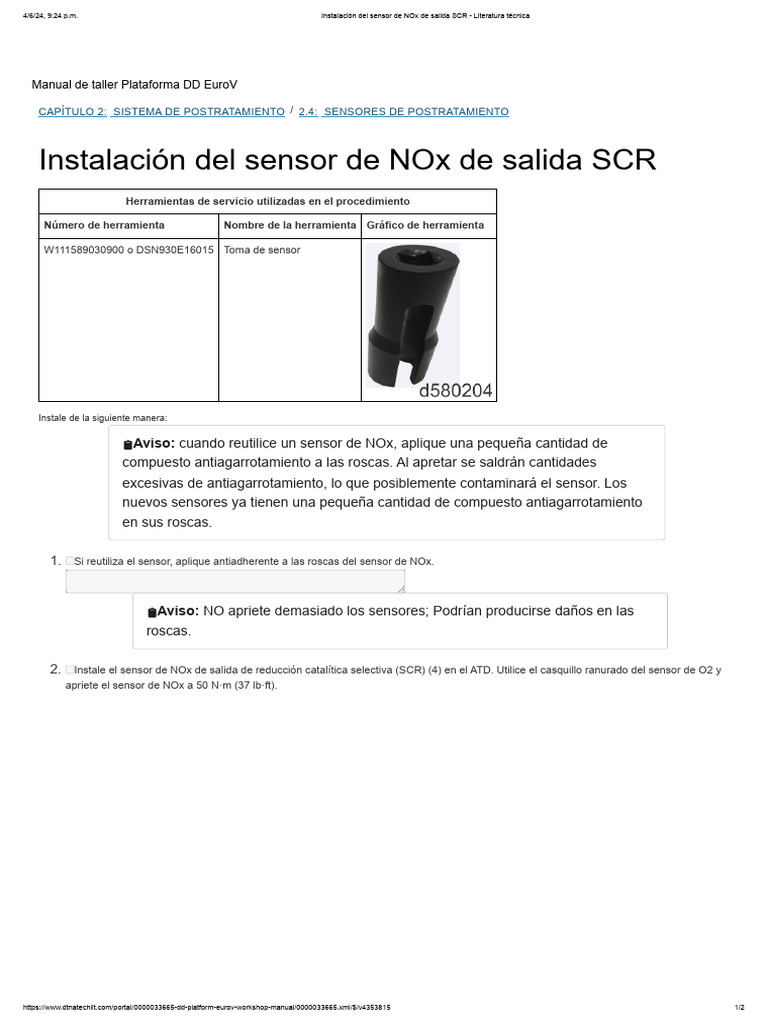 Instalación Del Sensor de NOx de Salida SCR - Literatura Técnica | PDF ...