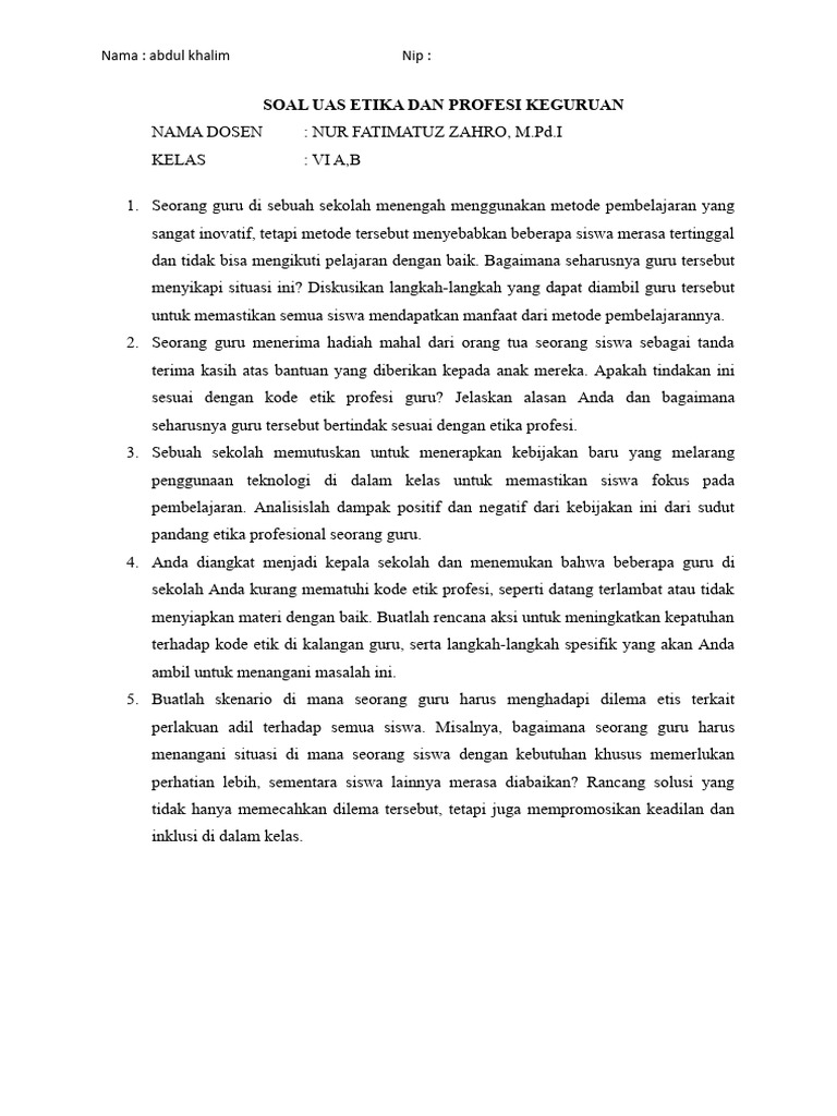 Soal Uas Etika Dan Profesi Keguruan | PDF