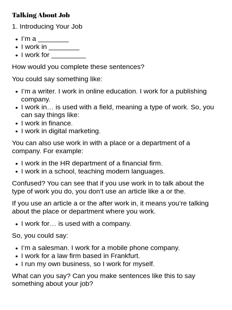 Talking about your job | Download Free PDF | Feeling | Human Communication