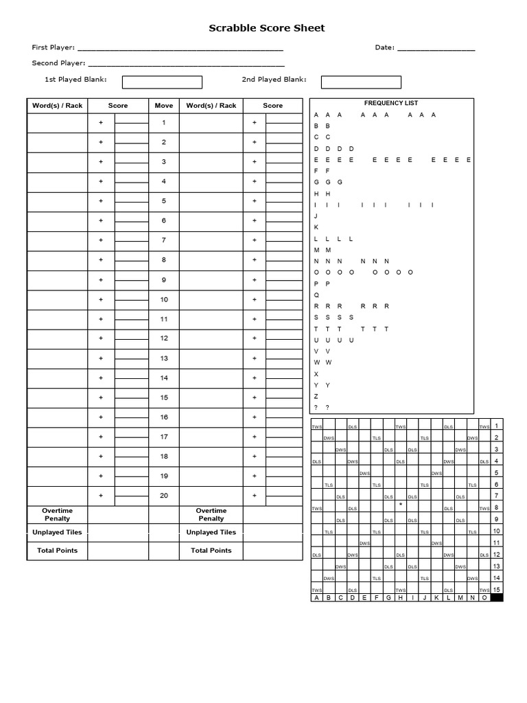 Scrabble Score Sheet Sample | PDF | Gaming | Tabletop Games