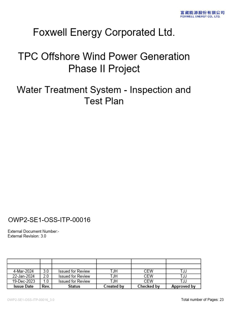 OWP2-SE1-OSS-ITP-00016 - 3.0 - Water Treatment System - Inspection and ... OWP2-SE1-OSS-ITP-00016 - 3.0 - Water Treatment System - Inspection and ...