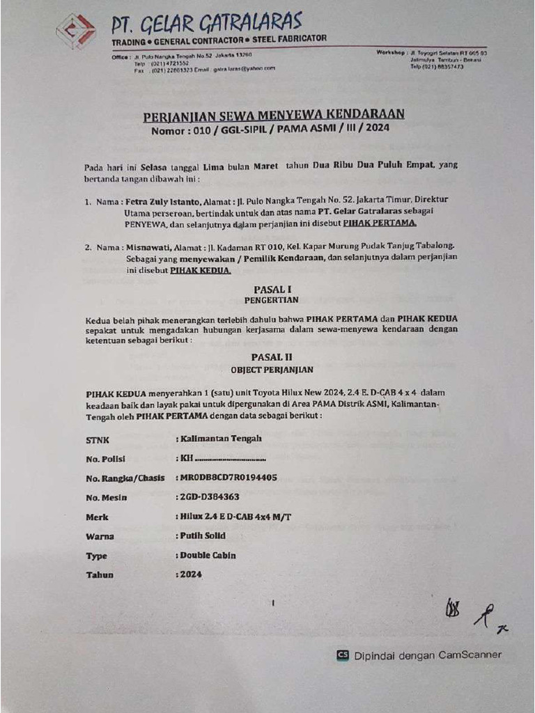 Surat Perjanjian Sewa Kendaraan Pdf