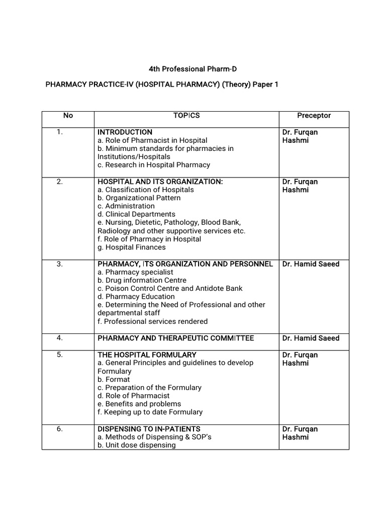 Course Outline Hospital Pharmacy | PDF | Pharmacy | Hospital