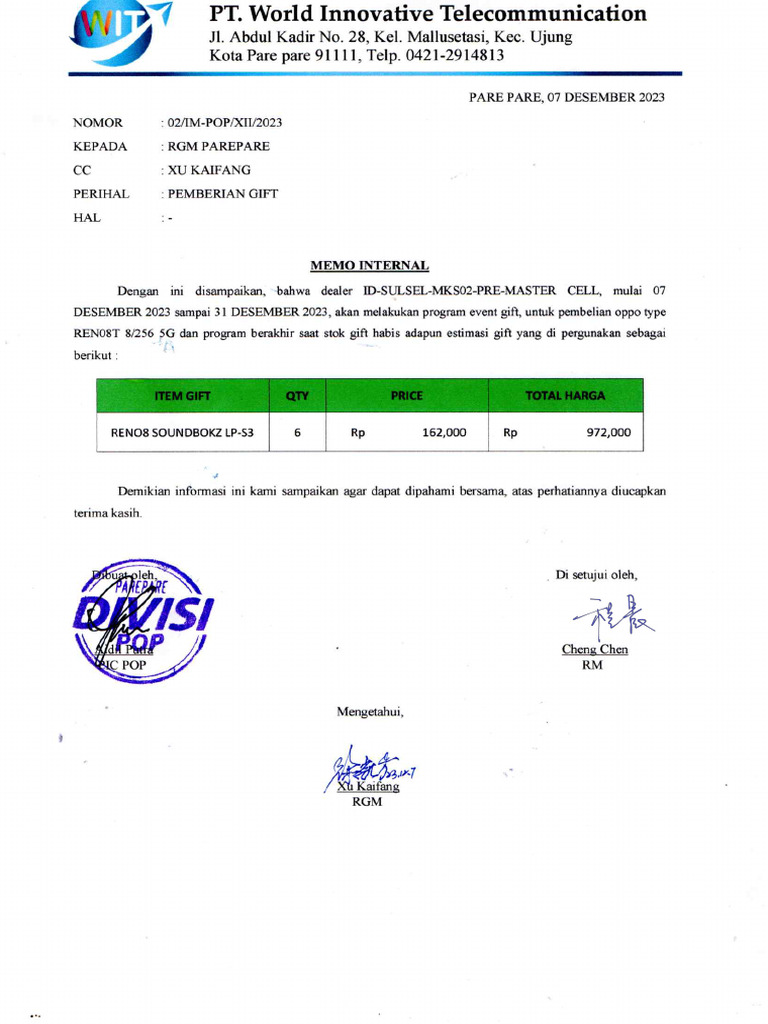 Internal Memo Gift Master | PDF