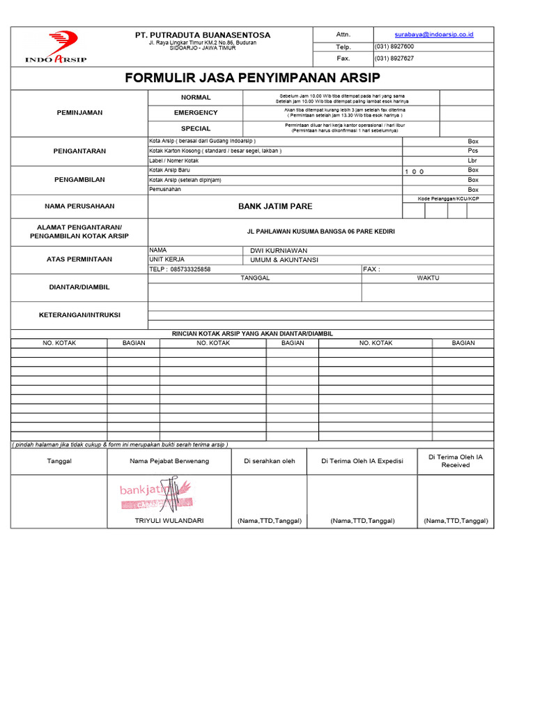 Formulir Jasa Penyimpanan Arsip | PDF