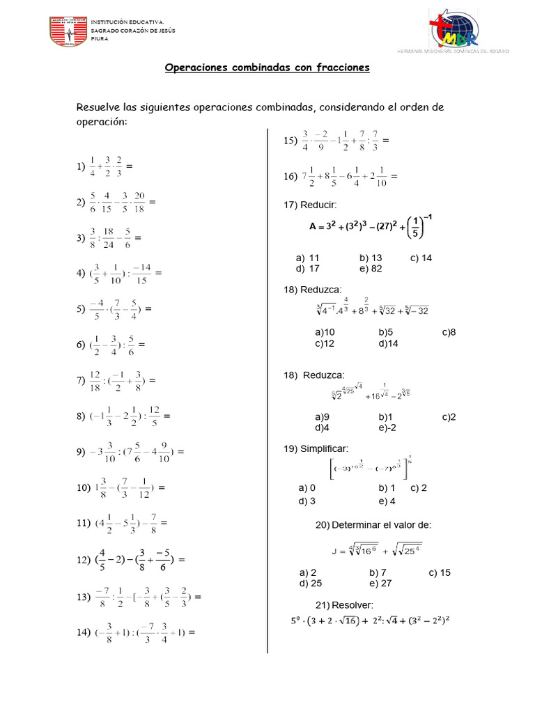 Operaciones Combinadas Con Fracciones 4to | PDF