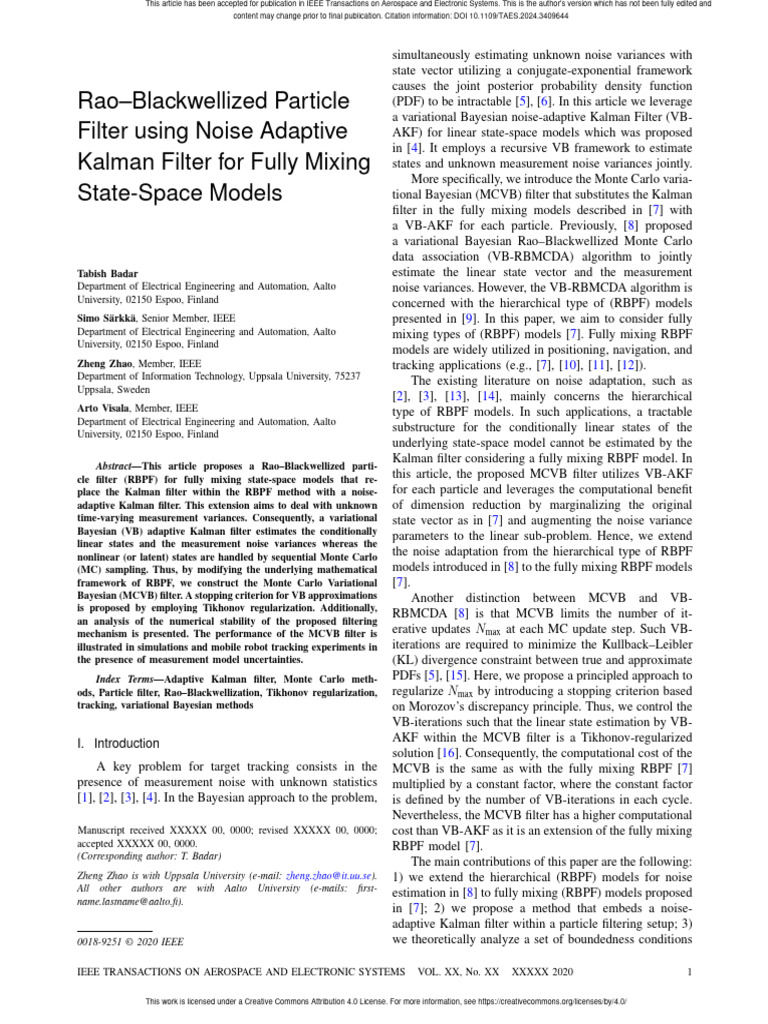 Rao-Blackwellized Particle Filter Using Noise Adap | PDF | Kalman Filter | Bayesian Inference