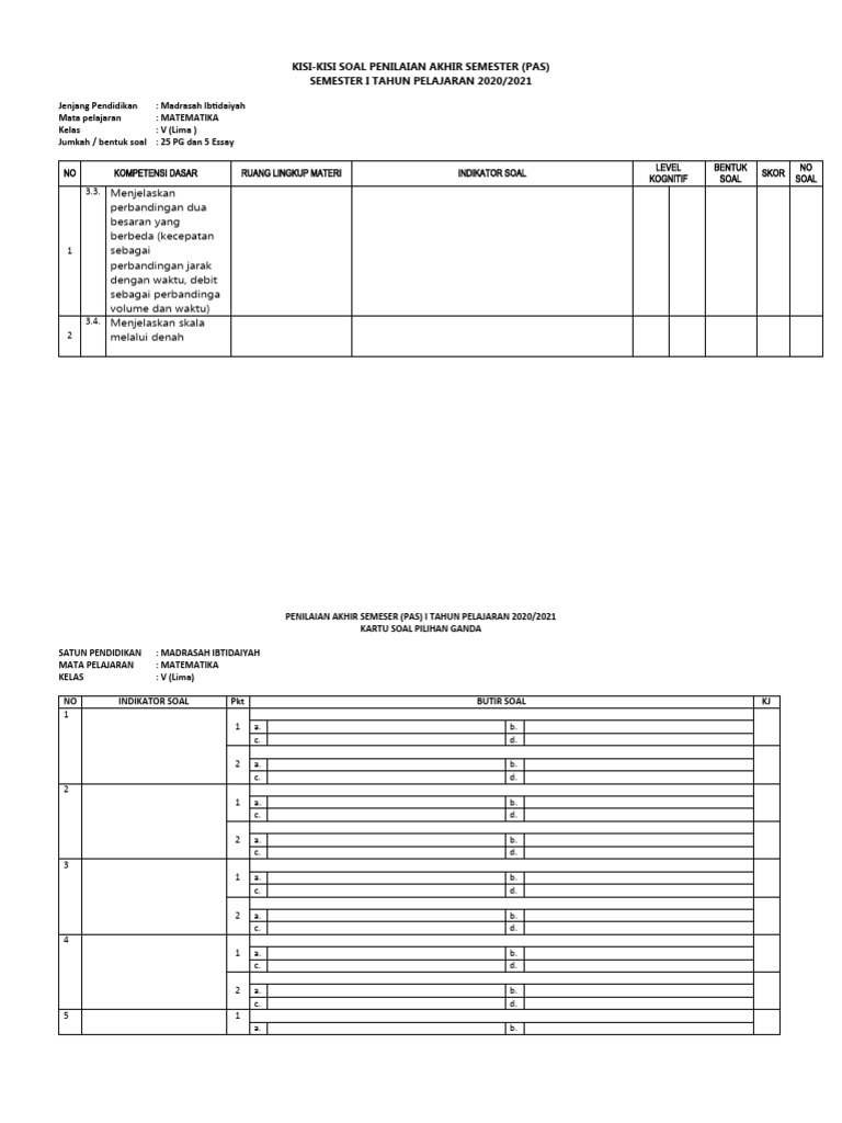 Kisi Kisi Dan Kartu SOAL PAS SEMESTER 1 KELAS 5 MATEMATIKA | PDF