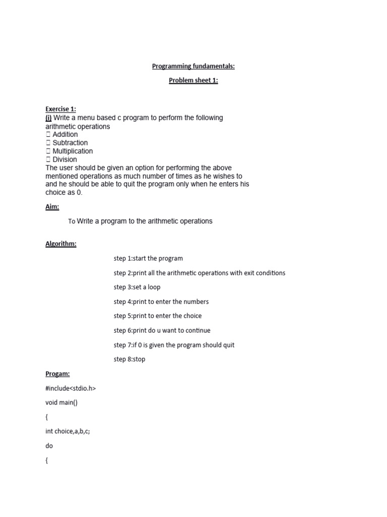 Write A Menu Based C Program To Perform The Following | PDF | Algorithms | Arithmetic
