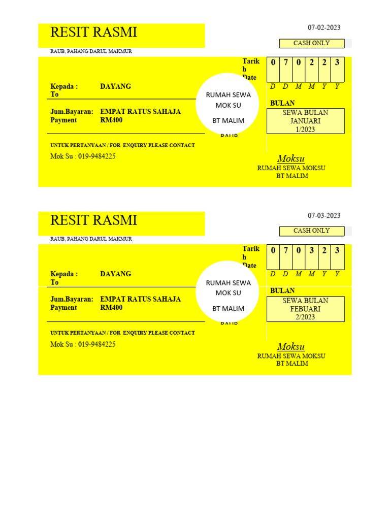 Resit Sewa Rumah Dayang | PDF