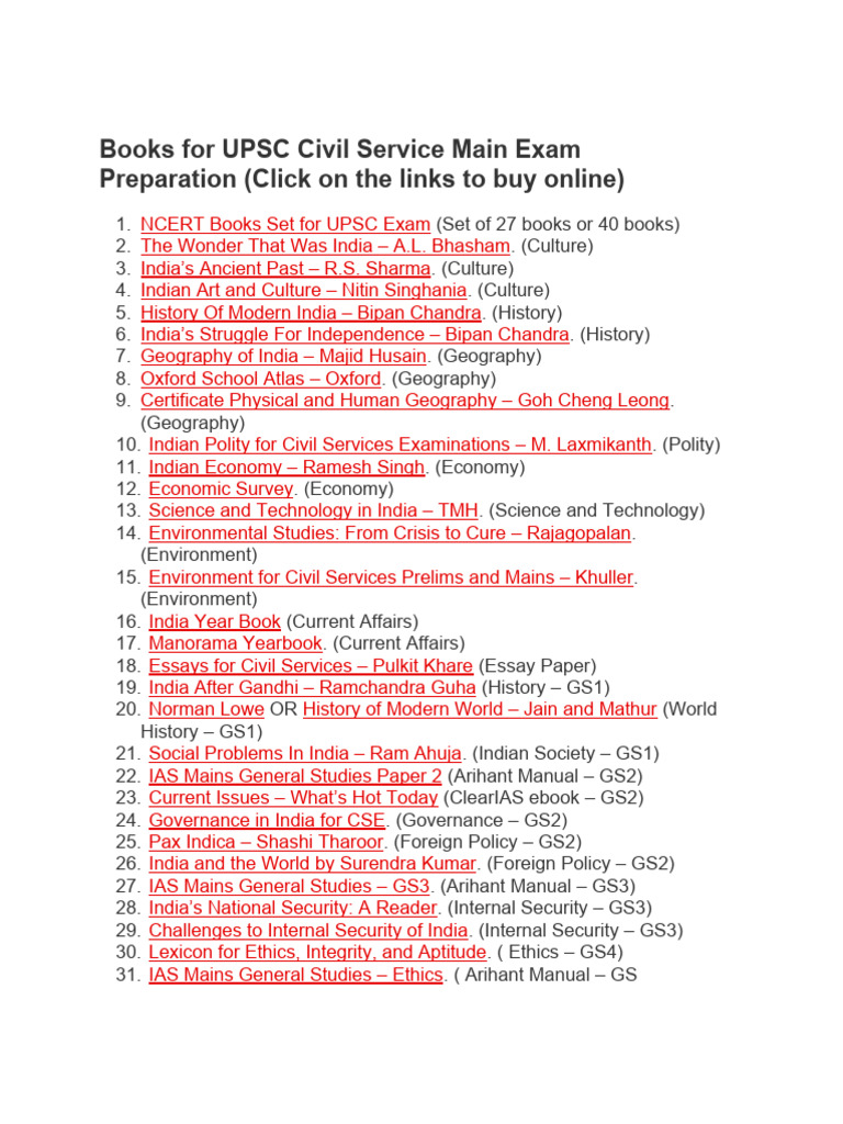 Recommended UPSC Mains Preparation Books | PDF