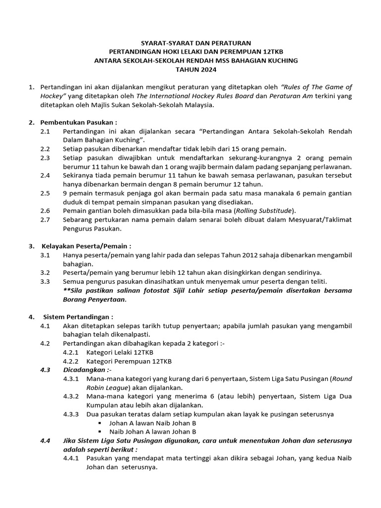 Syarat Pertandingan Hoki SR MSS Bahagian Kuching 2024 | PDF | Olahraga & Rekreasi
