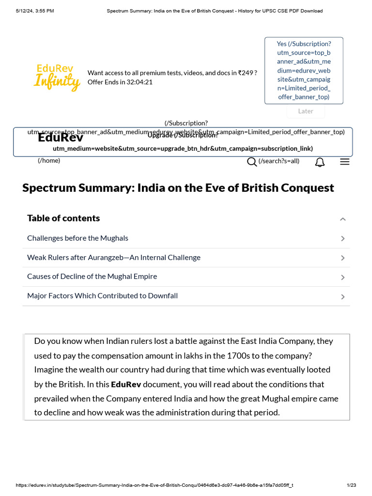 India On The Eve of British Conquest - History For UPSC CSE PDF Download | PDF | Mughal Empire