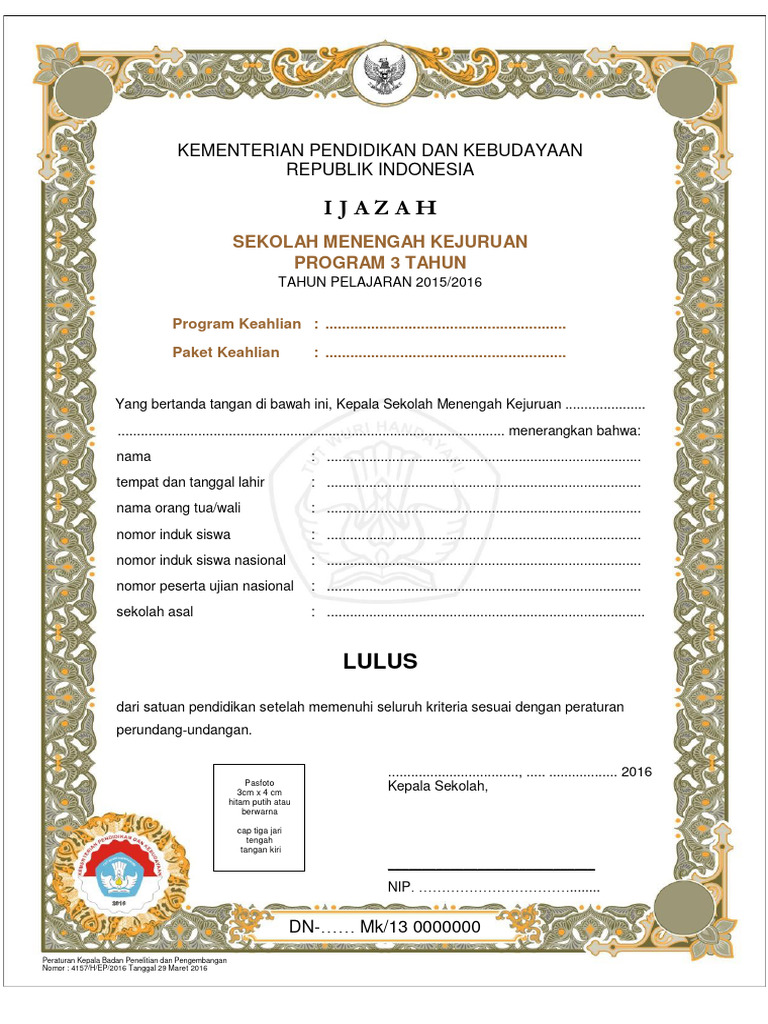 Format Ijazah SMK Sederajat 2016 | PDF