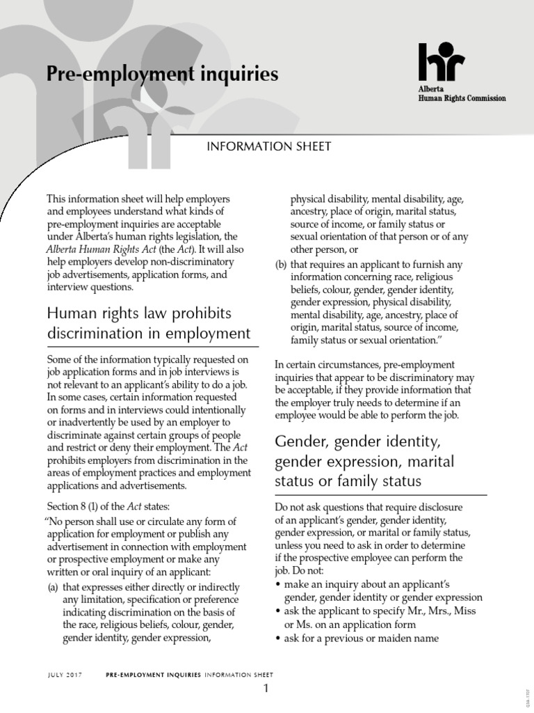 Alberta Pre-Employment Inquiry Guidelines | PDF | Discrimination | Gender