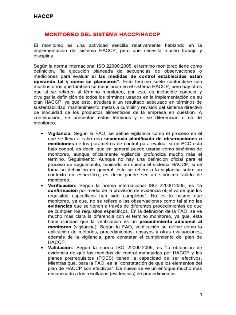 MONITOREO DEL SISTEMA HACCP | PDF | Análisis de Riesgo y Puntos Críticos de Control