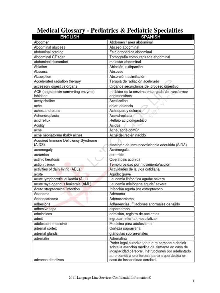 Glosario Médico: Pediatría en Inglés y Español | PDF | Carrera | Bilis