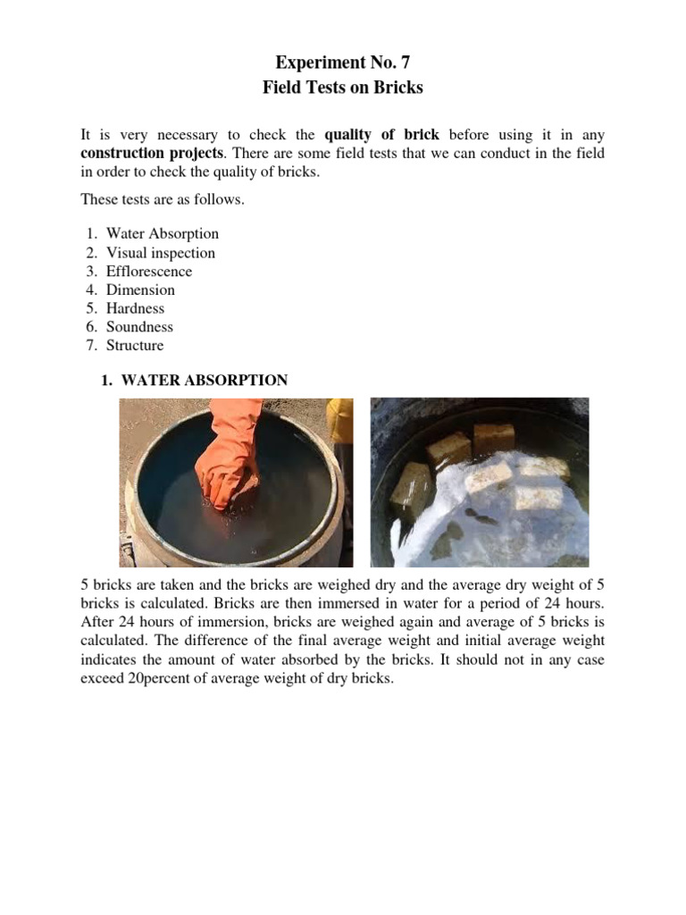 Experiment 07 Field Tests On Bricks | PDF | Brick | Water