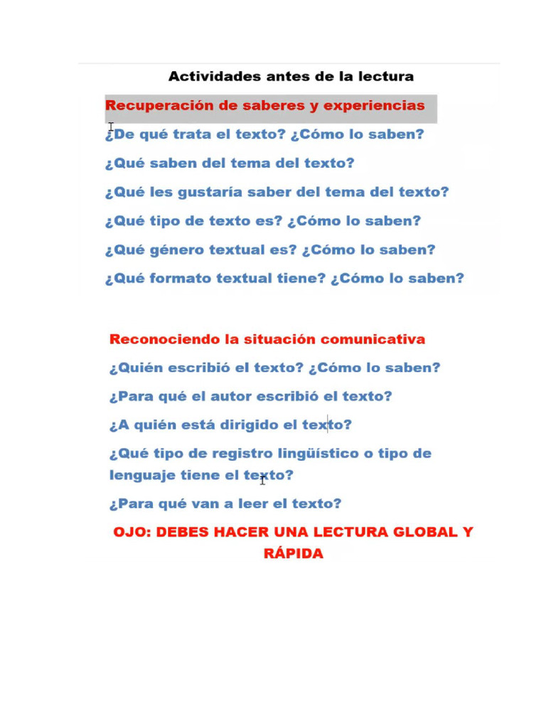 Actividades de la lectura antes, durante y espués | PDF